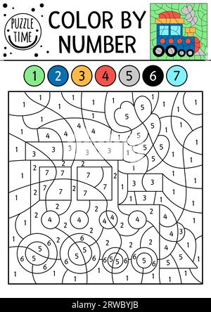 coloring page with steam train and railway, vector cartoon illustration ...