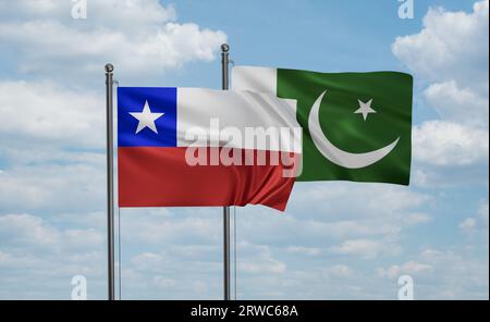 Chile flag and Pakistan flag waving together on blue sky, two country ...