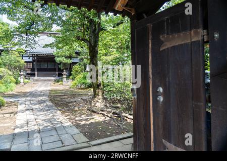 Traditional wooden gate called the Sanmon at the Rinko-ji Zen Buddhist ...