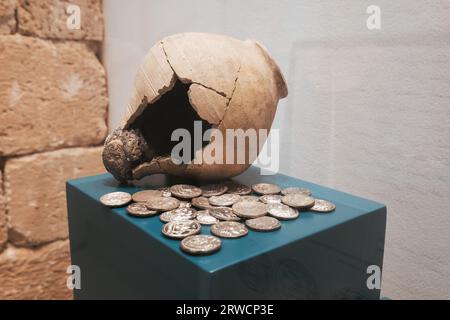 ancient coins on display at the Bahrain Fort Museum, Manama, Bahrain ...