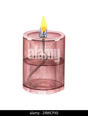 Watercolor illustration with oil lamp made of blown glass on white ...