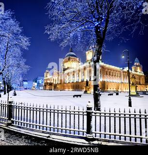 Snow at Belfast City Hall With Christmas Tree and Lights, Northern ...