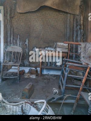Interior view of a house in the ghost town of Bodie under a cloudy sky ...