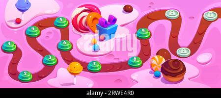Candy game level map with road in sky cartoon illustration. Food space ...