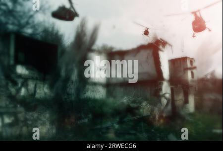 Explosion, warzone and army with helicopter on battlefield for military ...