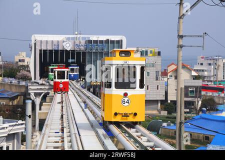 Colorful capsule train in Busan. Tourist attraction in South Korea ...