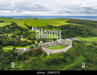 Manorbier Castle from a drone, Manorbier, Tenby, Wales, England Stock ...
