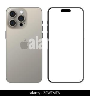 New iPhone 15 Pro Natural Titanium smartphone. Mockup screen front and ...