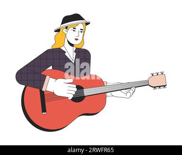 Guitarist girl plucking strings on acoustic guitar black and white 2D ...