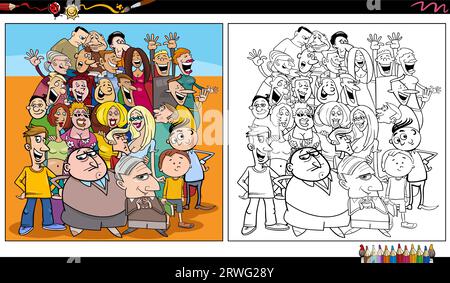 Cartoon illustrations of funny crowd of people comic characters group ...