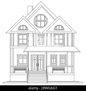 Outline two-story house with porch isolated on white background. Vector ...