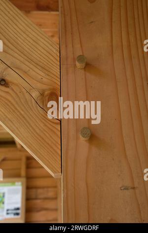 Woodworking dowel joints connecting pine timbers Stock Photo - Alamy