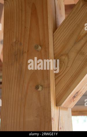Woodworking dowel joints connecting pine timbers Stock Photo - Alamy