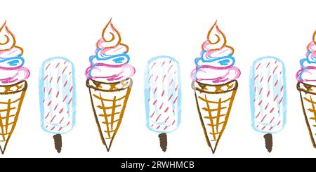 Childish seamless border. Ice cream. Drawings with wax crayons. Vector ...