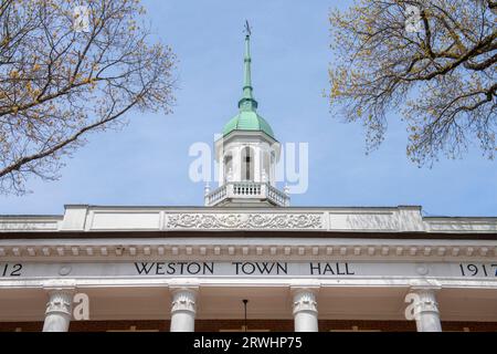 Weston Town Hall at Lanson Park in spring in historic town center of ...