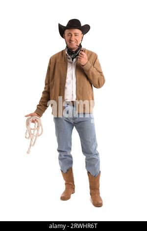 Mature cowboy with lasso on white background Stock Photo - Alamy