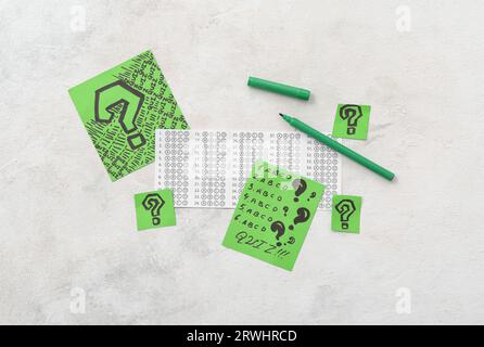 Quiz form with cards on grunge white background Stock Photo - Alamy
