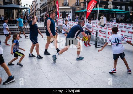 Kids trying rugby during Sports Day multi-sports street event in Plaza ...