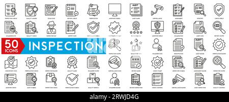 Inspection web icons in line style. Examination, testing, quality ...