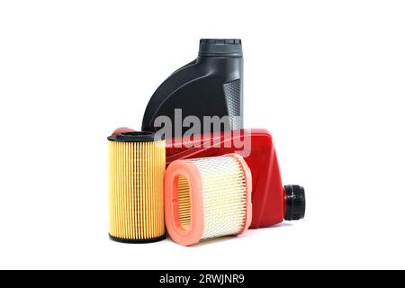 Vehicle engine oil filters elements and motor oil cans isolated on a ...