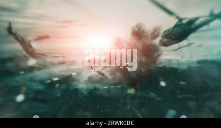 Explosion, warzone and military with helicopter on battlefield for ...