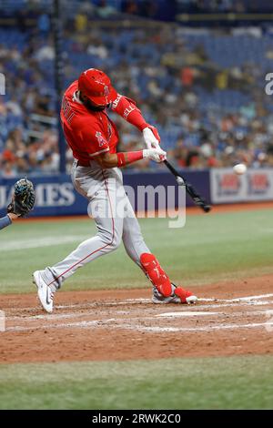 Los Angeles Angels' Jo Adell reacts to his double against the Detroit ...