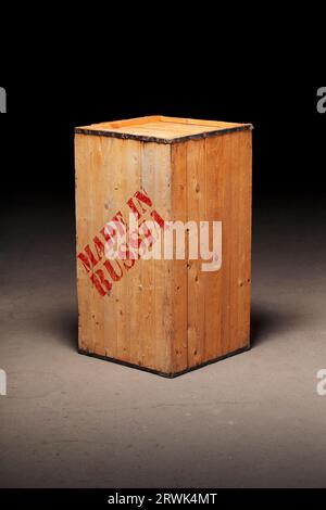 Conceptual image of a wooden crate with text "Made in Russia Stock ...