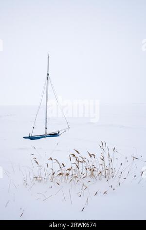 Frozen sailboat covered with snow at Saaler Bodden, Fischland-Darss ...