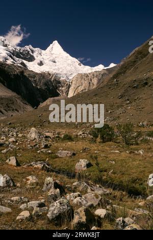 Picturesque valley between highest mountain peaks in Peruvian Andes ...