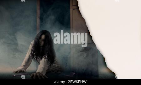 A scary ghost woman crawls on the floor with white smoke background ...