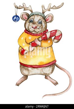 Watercolor Christmas mice in cartoon style composition. Watercolor ...