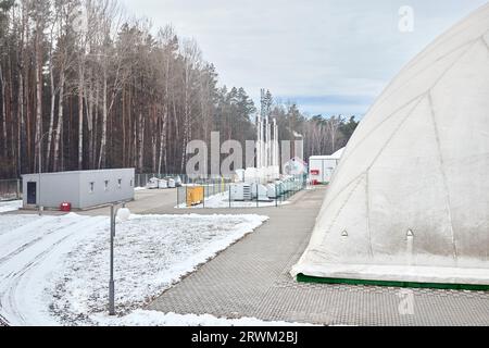 Inflatable air dome stadium. Inflated Football soccer air dome. Modern ...