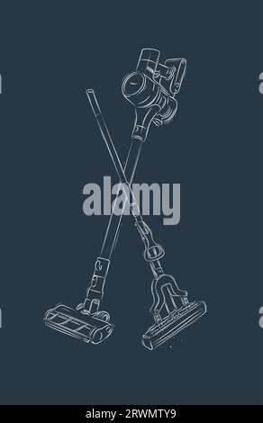 Cordless vacuum cleaner and sponge mop drawing in graphic style on ...