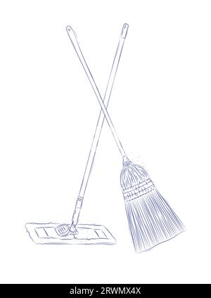 Flat mop and broom drawing in graphic style on blue background Stock ...