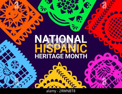 Papel picado flags on national Hispanic heritage month banner, vector ethnic ornaments. Hispanic ...