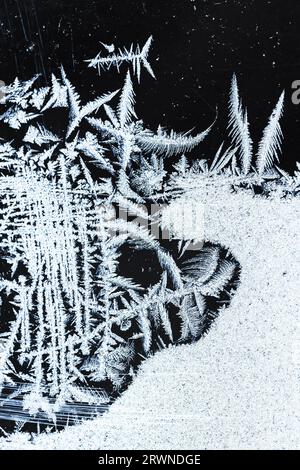 beautiful texture of ice flowers on glass, fragments of ice flower on ...