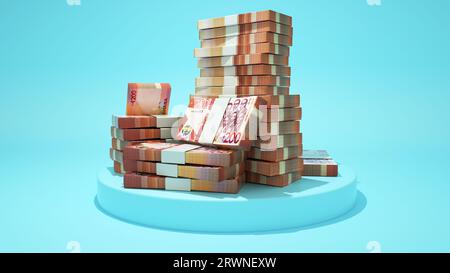 Stacks of 200 Ghanaian cedi notes on top of pedestal. money on blue ...