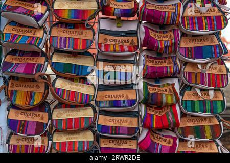 Textile and fabric wallets handicraft on local market, San Cristobal de ...