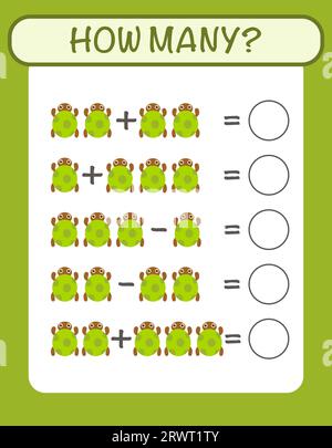 Math game worksheet cartoon turtle characters on tropical island ...