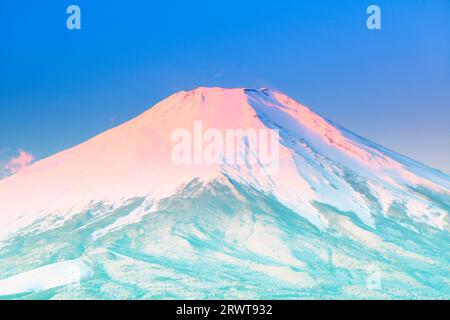 Airy Photo of Morning Red Fuji, Lake Yamanaka and the Moon Stock Photo ...