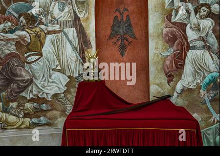 ALBANIA 2022: Helmet of Skanderbeg in interior of Skanderbeg Museum in ...