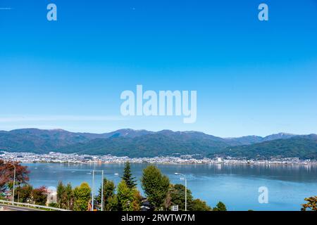 Chuo Expressway and Lake Suwa from Suwako Service Area Stock Photo - Alamy