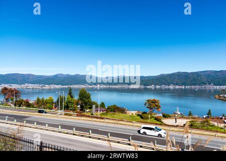 Chuo Expressway and Lake Suwa from Suwako Service Area Stock Photo - Alamy