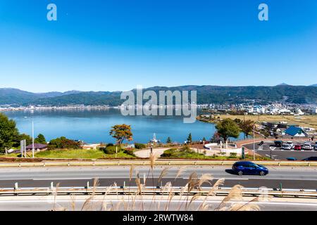 Chuo Expressway and Lake Suwa from Suwako Service Area Stock Photo - Alamy