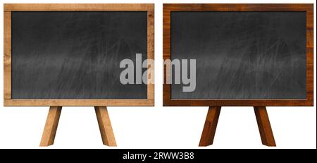 Two empty blackboards with copy space, wooden frame, easel and a label ...