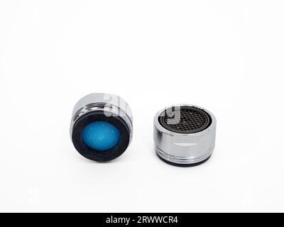 Clean new faucet aerator isolated on white background. Water tap dial ...