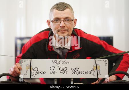 Agri-inventor Colm Doran hangs a 'Back Soon - Gone To Be Married' sign ...