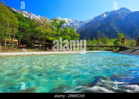 Clear stream of Azusa River, Kappa-bashi Bridge and Hotaka mountain ...