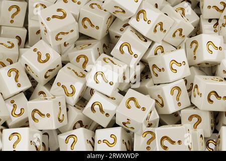 White dice with question marks on their faces. Background. 3d ...