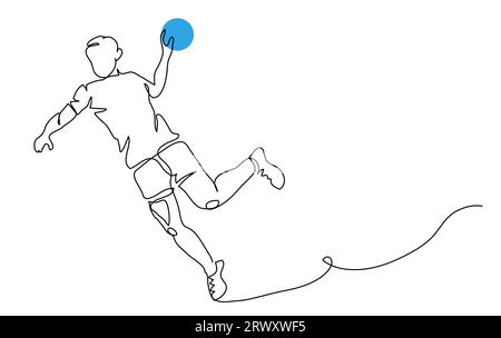 Handball player throws the ball. One continuous line art drawing of ...